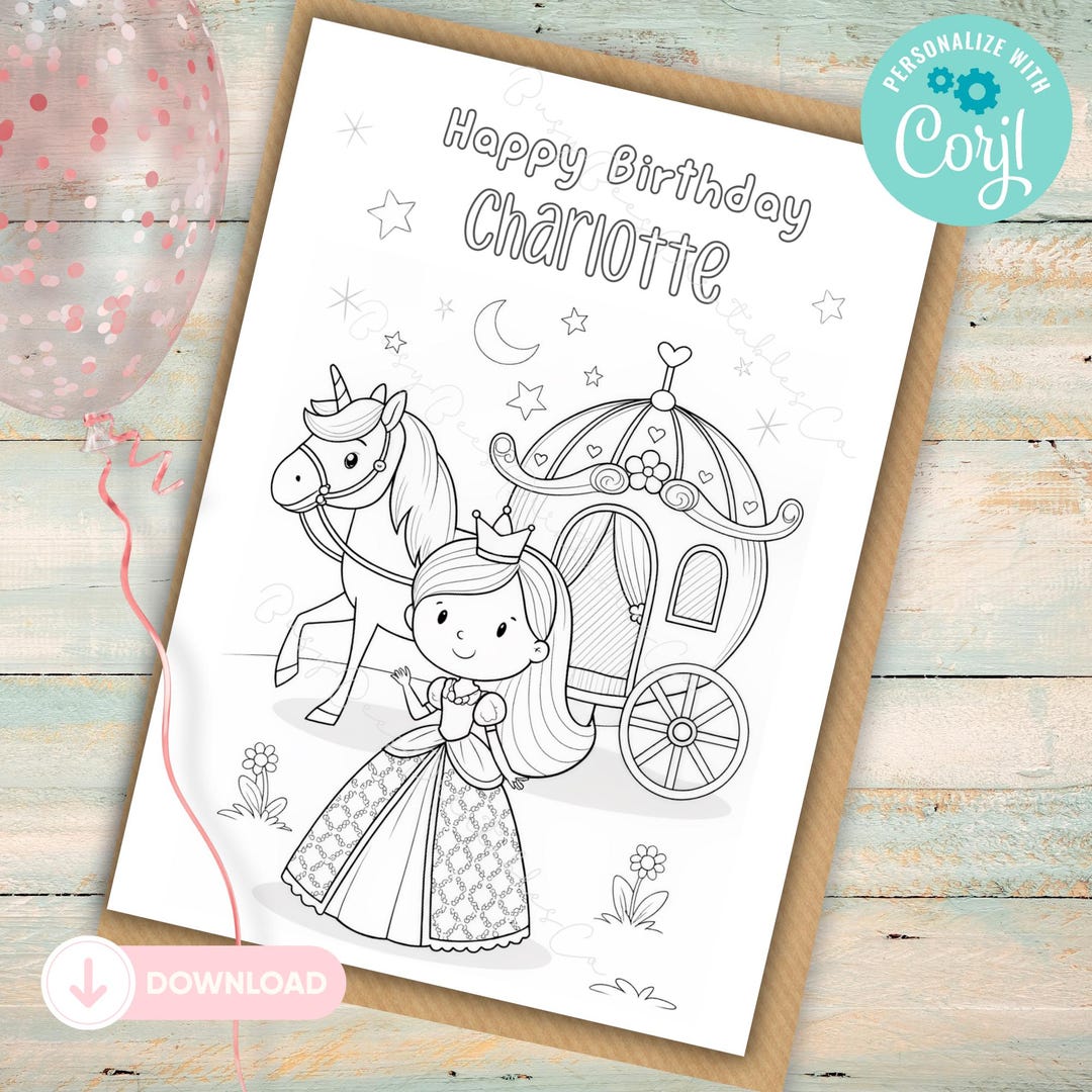 Princess Birthday Coloring Card, Personalised Princess Birthday Card ...