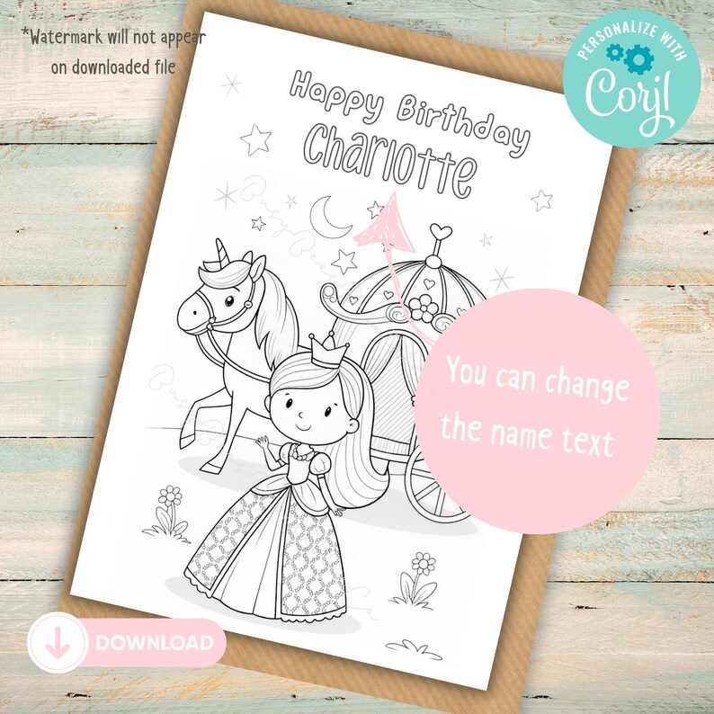 Princess Birthday Coloring Card, Personalised Princess Birthday Card ...