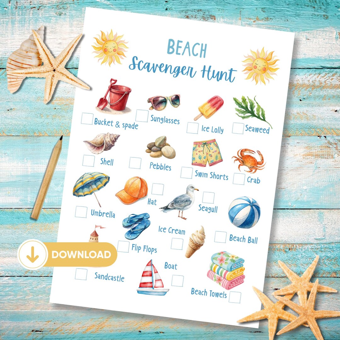 Beach Scavenger Hunt, Beach Treasure Hunt for Kids, Preschool Outdoor ...