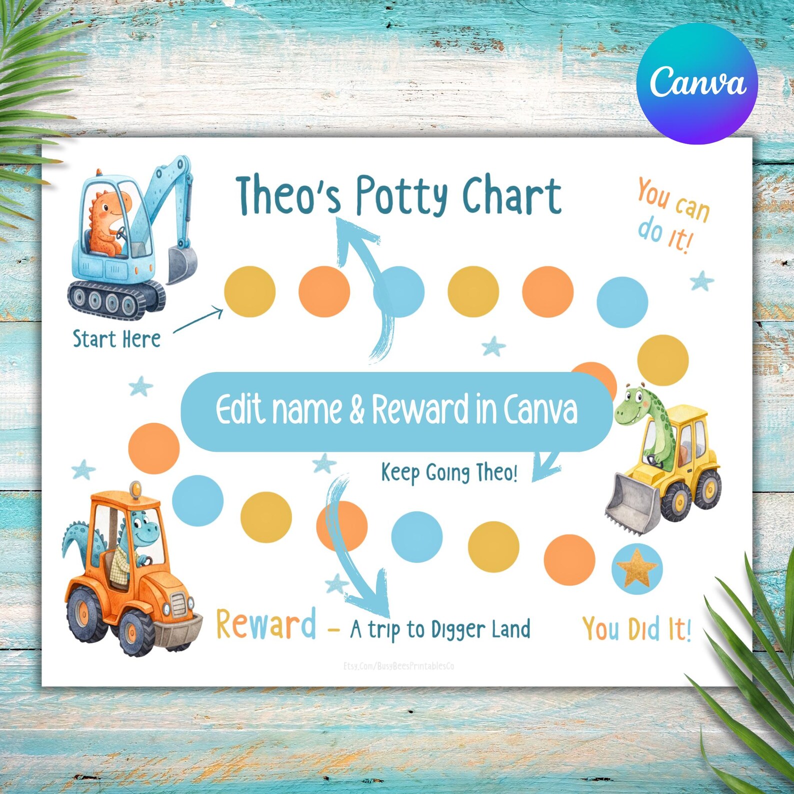 Dino Diggers Potty Chart for Boys, Construction-themed Reward Chart ...