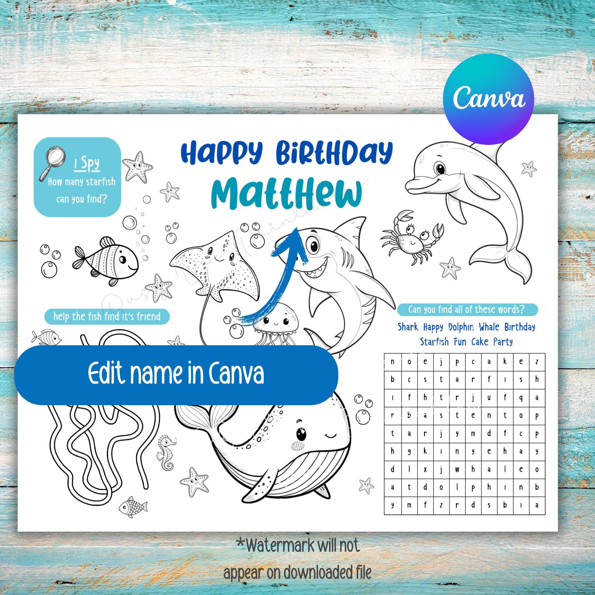 Personalised Under the Sea Birthday Activity Sheet for Kids , Placemat ...