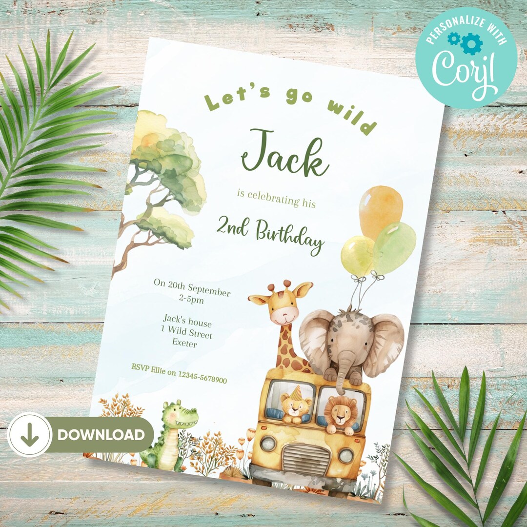 Editable Safari Birthday Invitation Template, Jungle Animals Invitation ...