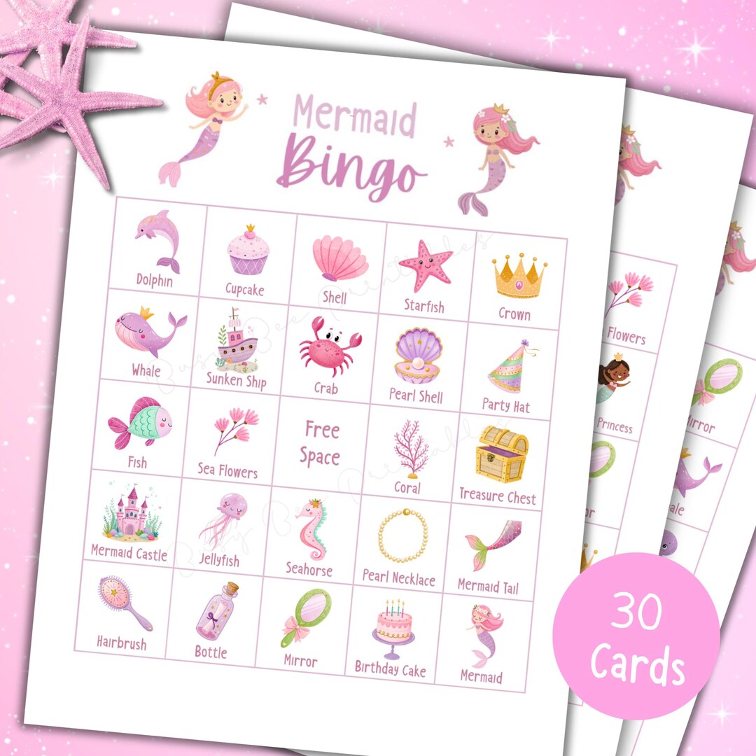 Mermaid Bingo Game for Kids, Printable Under the Sea Party Activity ...
