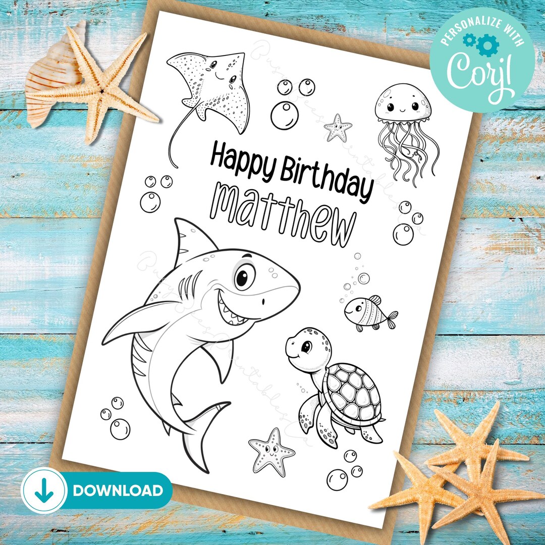 Under the Sea Birthday Colouring Card, Personalised Shark Birthday Card ...
