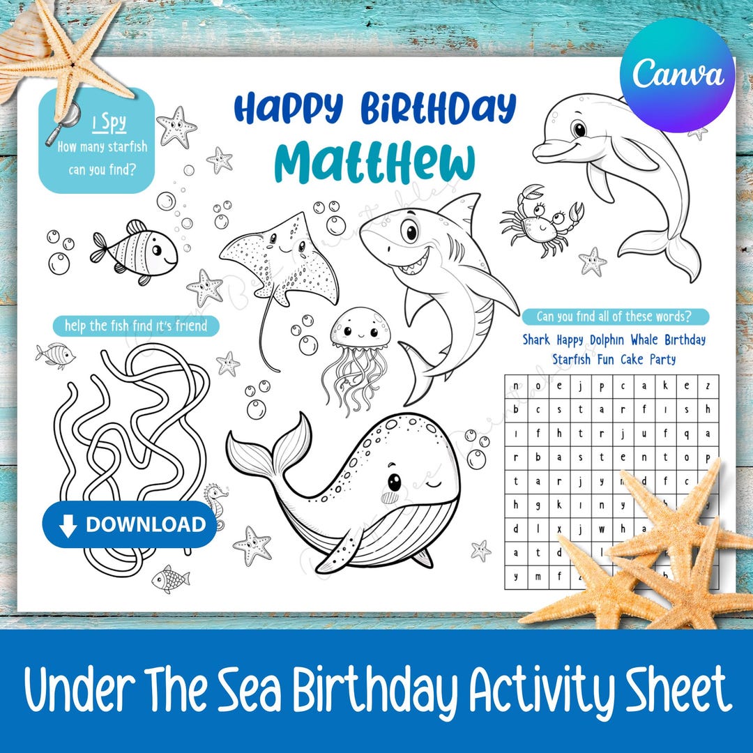 Personalised Under the Sea Birthday Activity Sheet for Kids , Placemat ...