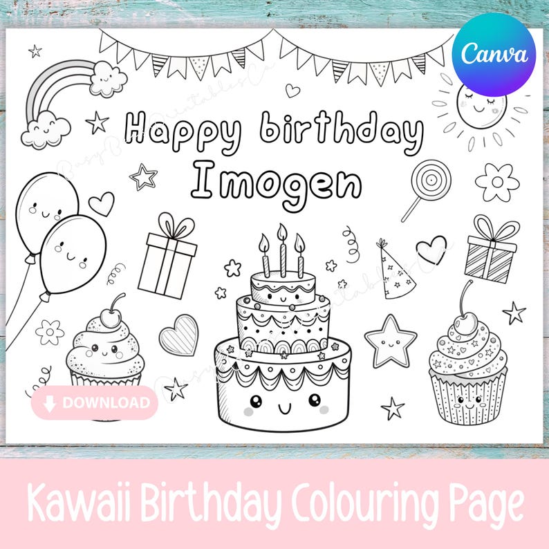 Editable Kawaii Colouring Page, Printable Birthday Party Activity for ...