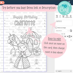 Princess Birthday Coloring Card, Personalised Princess Birthday Card ...