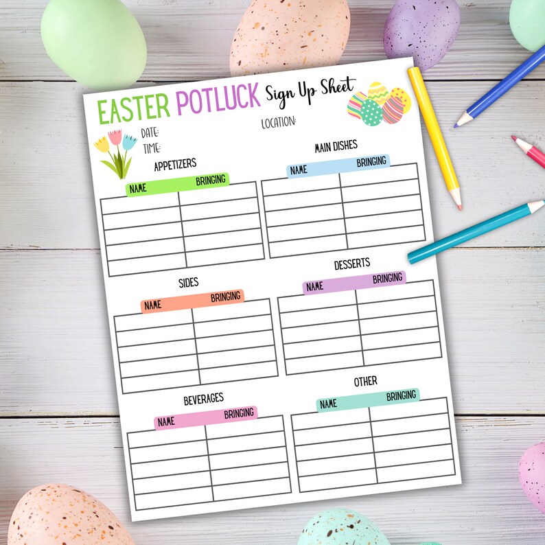 Easter Potluck Sign up Sheet, Easter Potluck Church Sign Up, Easter ...