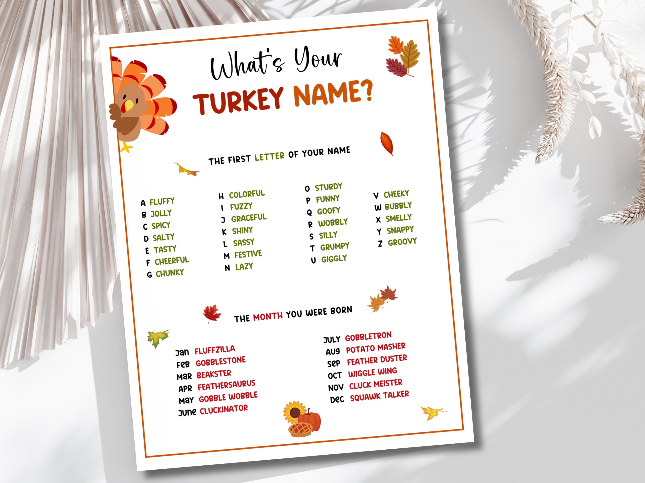 What's Your Turkey Name Game, Thanksgiving Game Printable, Thanksgiving ...