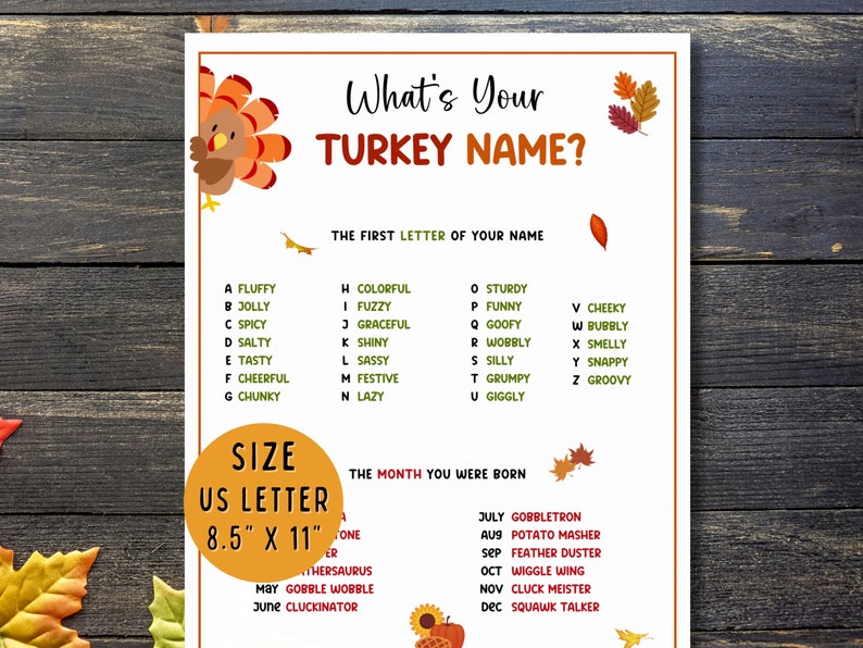 What's Your Turkey Name Game, Thanksgiving Game Printable, Thanksgiving ...