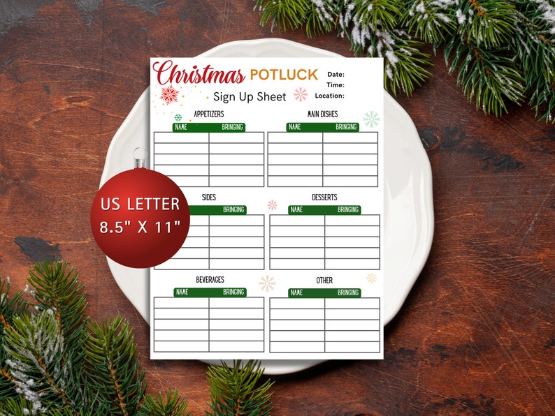 Christmas Potluck Sign-up Sheet: Holiday Party List (PDF Download) - Etsy