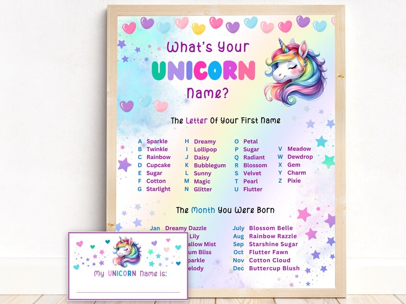 WHAT'S Your Unicorn Name, Game Sign and Tag Unicorn Birthday Party ...