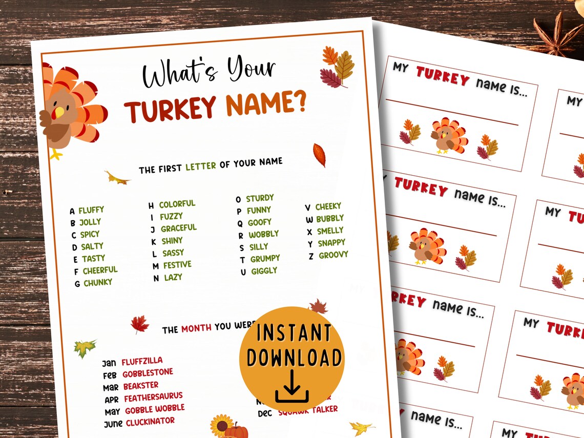 What's Your Turkey Name Game, Thanksgiving Game Printable, Thanksgiving ...
