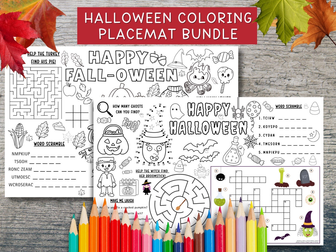 Halloween Coloring Placemat Bundle, Kids Halloween Activities, October ...