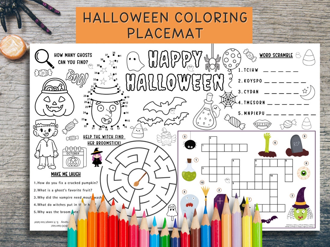 Halloween Coloring Placemat Activity: Kids Party Game (PDF Download 8 ...