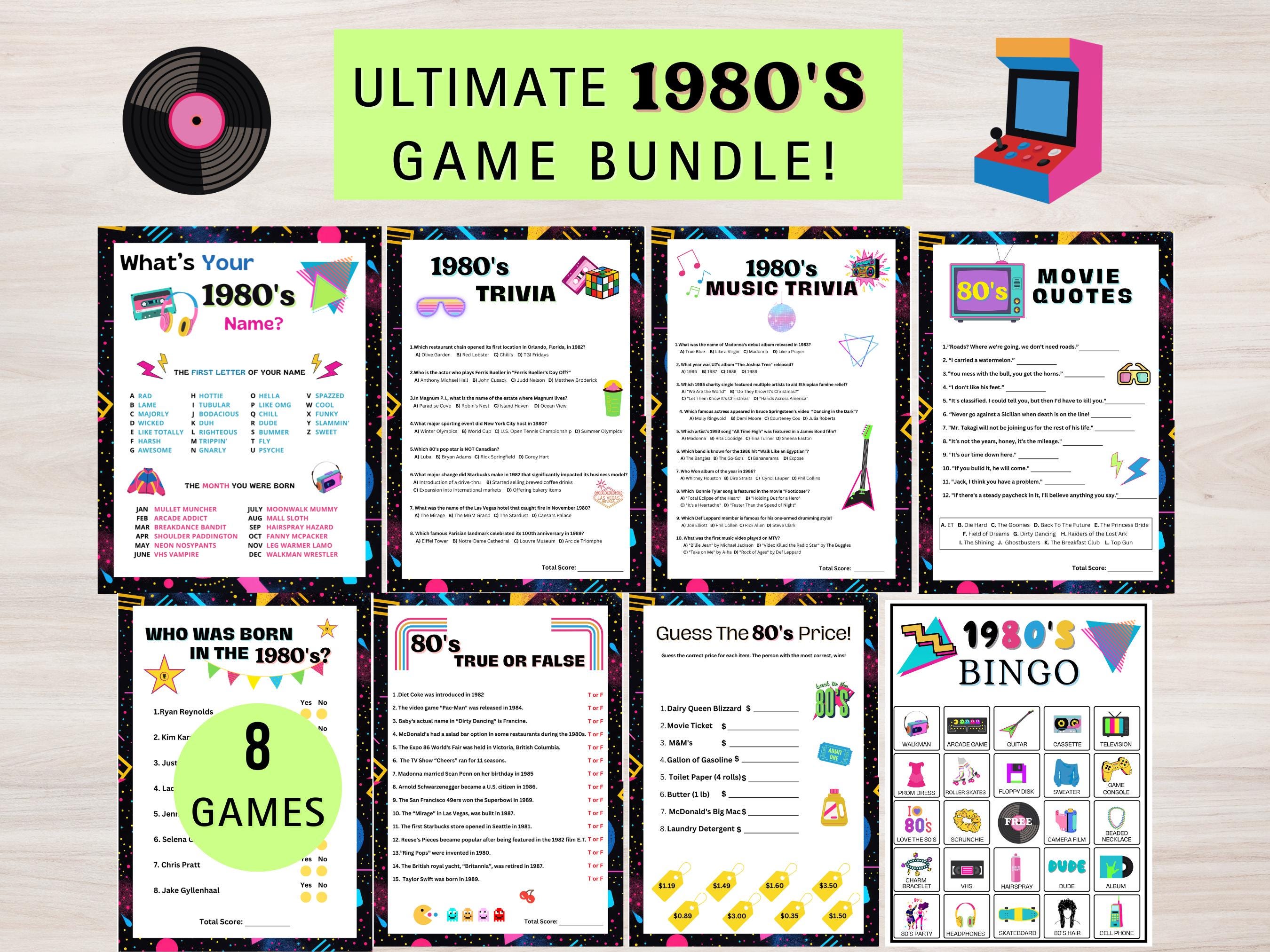 1980's Game Bundle, Printable Game Pack , Theme Party Games, 80's Music ...