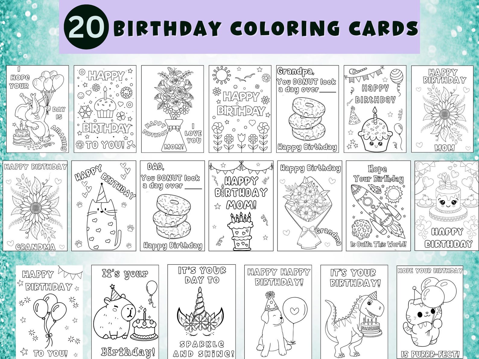 Happy Birthday Coloring Card Set: DIY Printable Cards (PDF) - Etsy