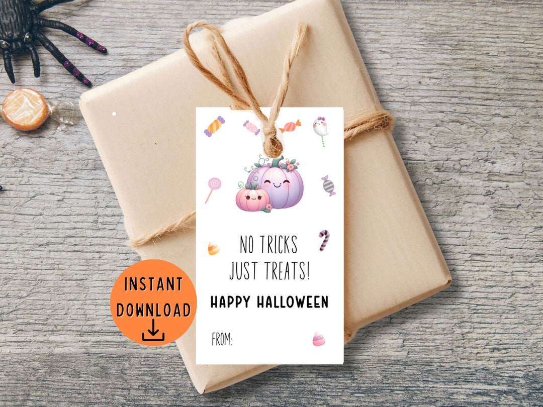 Halloween Treat Tag Printable: No Tricks Just Treats, DIY Gift Label ...