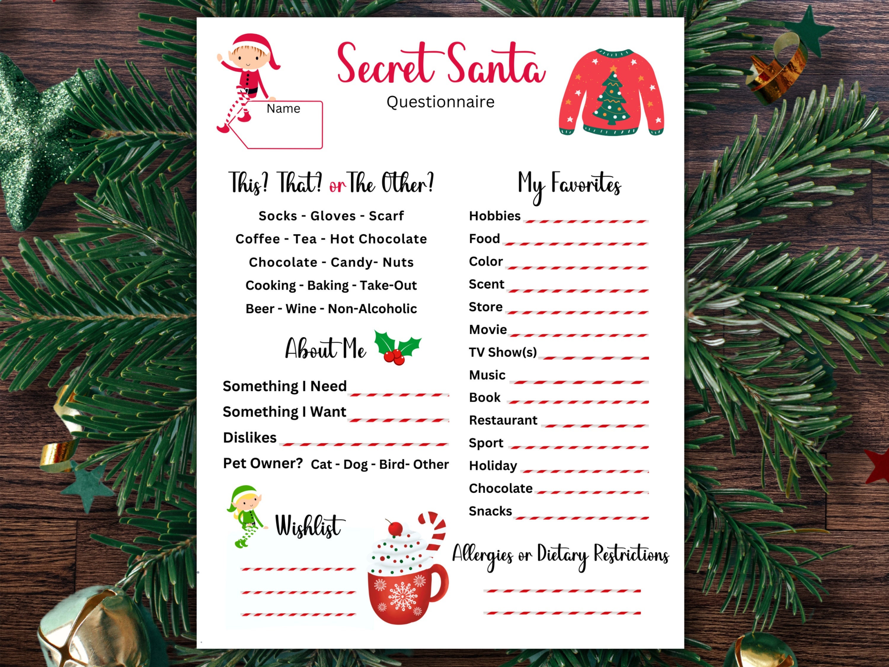 Printable Secret Santa Questionnaire: Gift Exchange Wish List (PDF) - Etsy