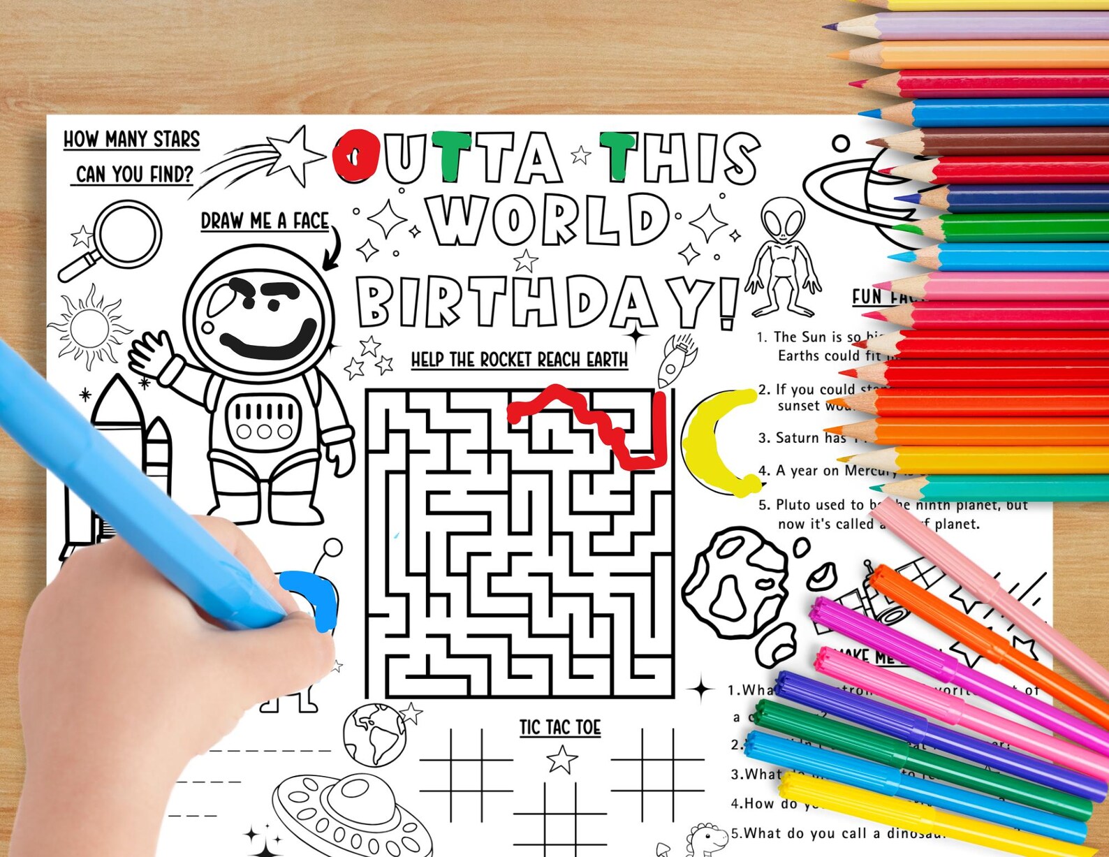 Space Birthday Coloring Placemat Activity: Printable Game (PDF Download ...