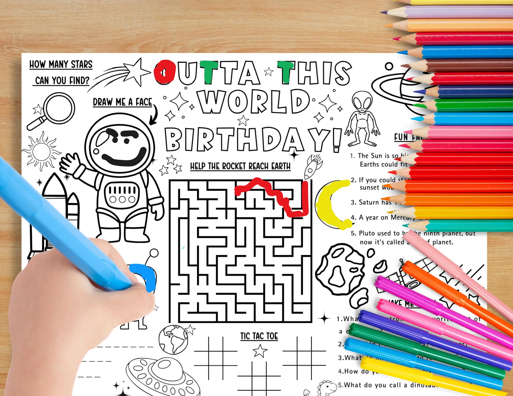 Space Birthday Coloring Placemat Activity: Printable Game (PDF Download ...