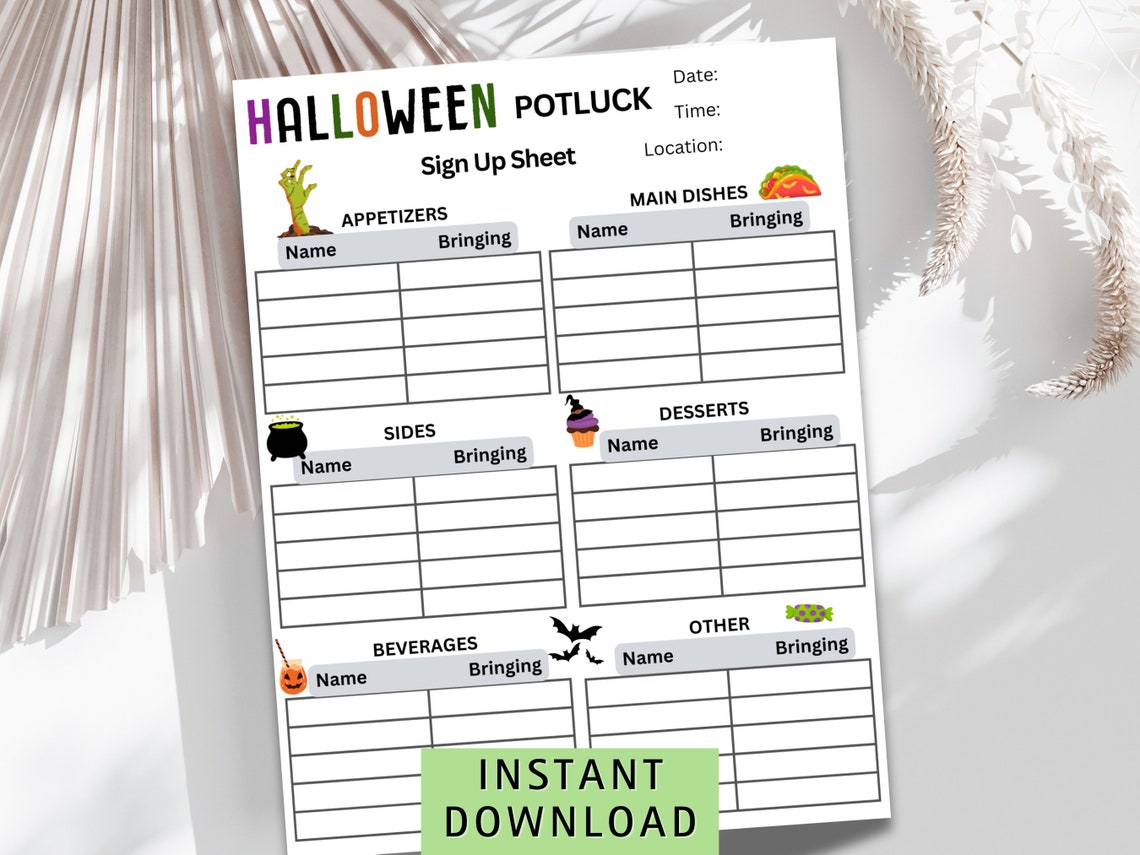 Halloween Potluck Sign up Sheet: Printable Party Food List (PDF ...