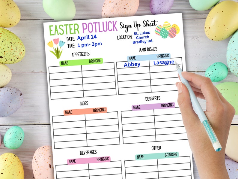 Easter Potluck Sign up Sheet, Easter Potluck Church Sign Up, Easter ...