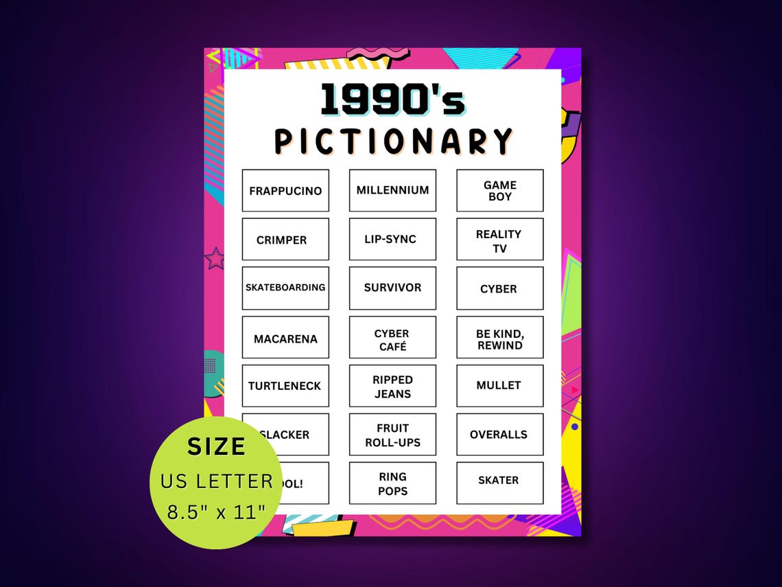 1990s Pictionary, Adult Party Games, 90s Theme Party, Retro Birthday ...