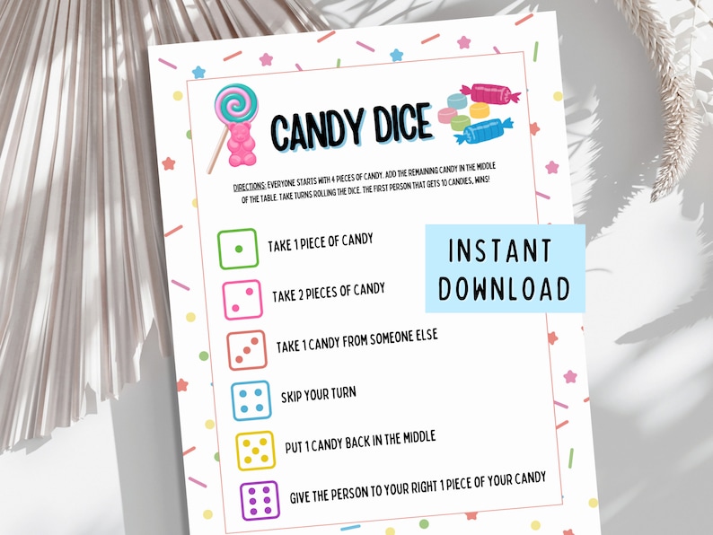 Candy Dice Game, Printable Party Games for Birthdays, Kids Birthday ...