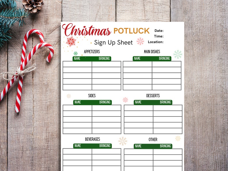 Christmas Potluck Sign up Sheet, Holiday Potluck List, Office Party ...