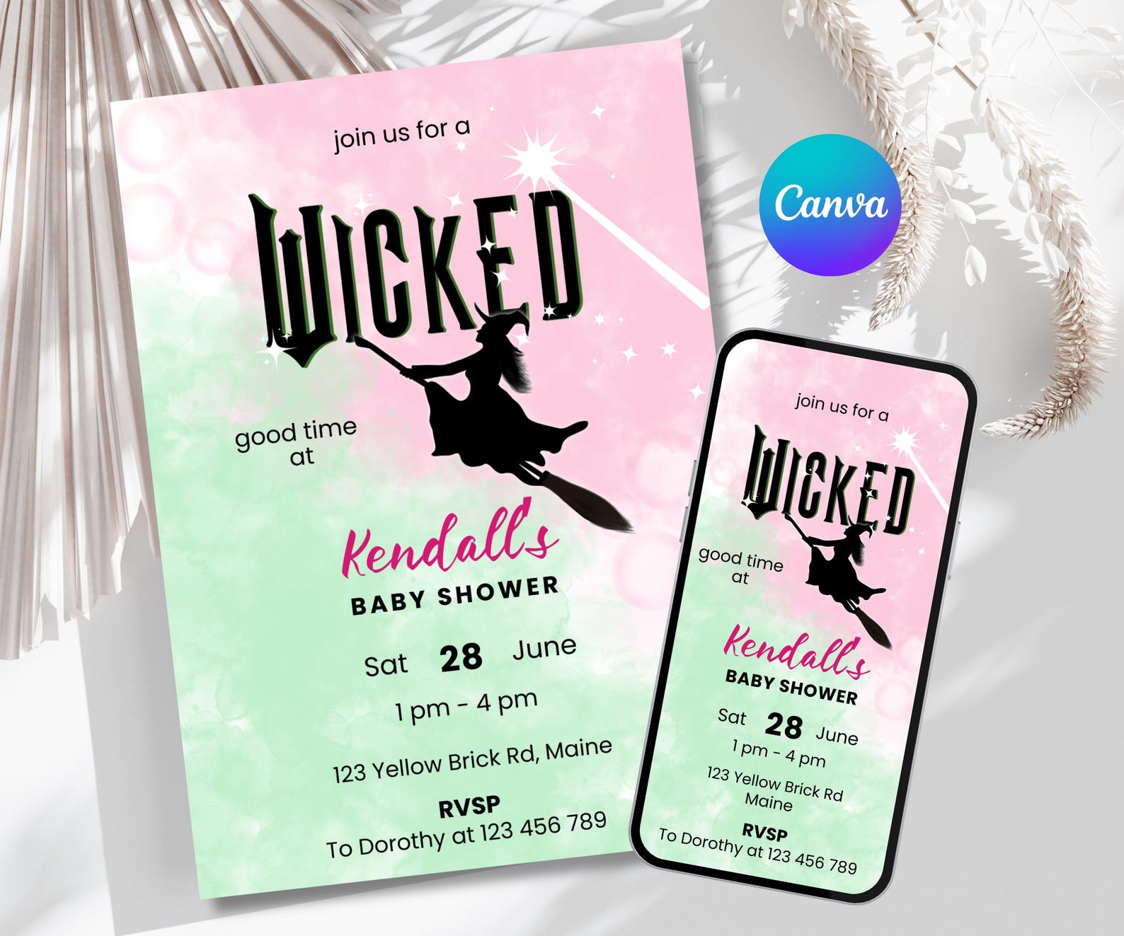 Wicked Baby Shower Decor Set: Editable Green & Pink Party Templates ...