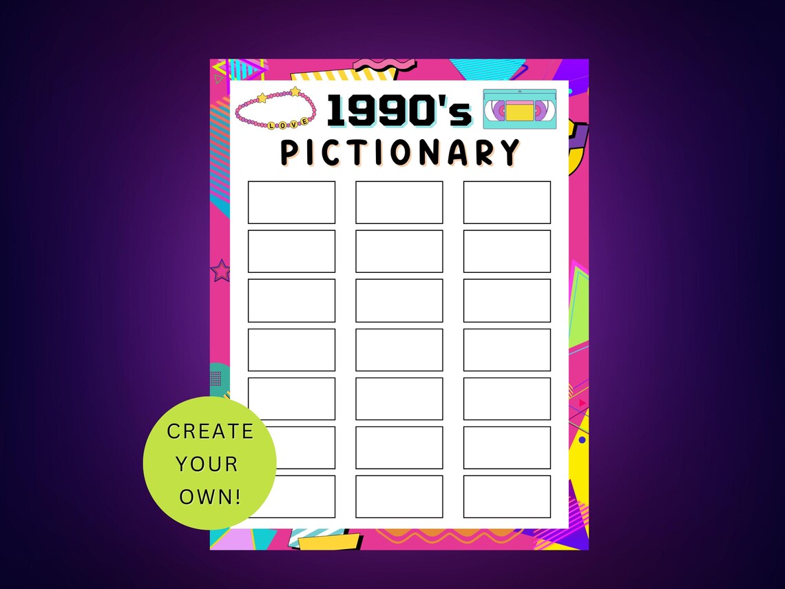 90s Theme Pictionary Game: Printable Retro Party Activity (PDF Download ...