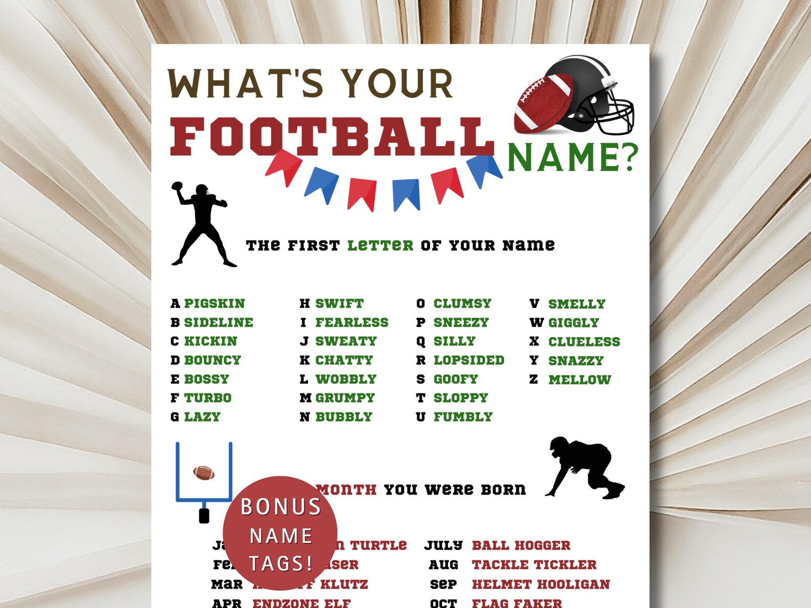 Football Name Game: Halftime Party Activity (digital PDF Download) - Etsy