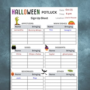 Halloween Potluck Sign up Sheet: Printable Party Food List (PDF ...