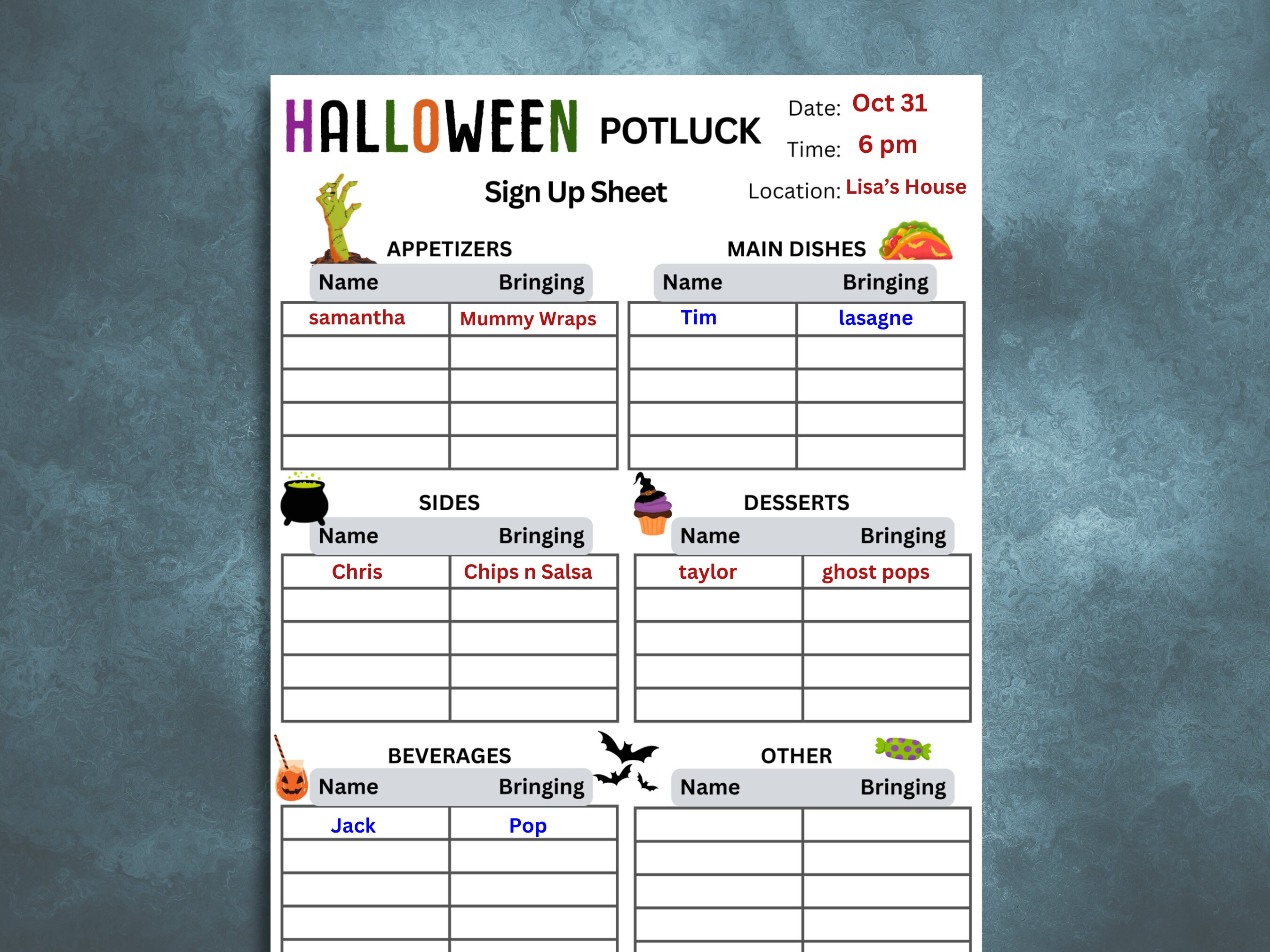 Halloween Potluck Sign up Sheet: Printable Party Food List (PDF ...