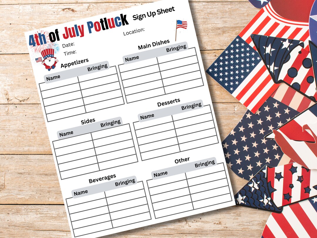 4th of July Potluck Sign up Sheet: Summer Picnic List (PDF) - Etsy