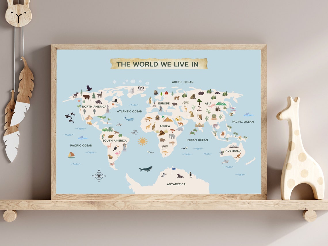 World Map Wall Print, Kids Wall Art, Classroom Print, Educational Kids ...