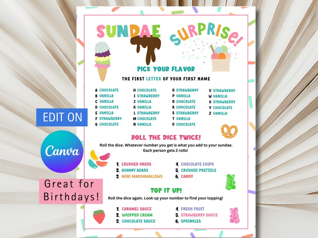 Roll a Sundae Birthday Game, Custom Icecream Game, Fun Kids Birthday ...