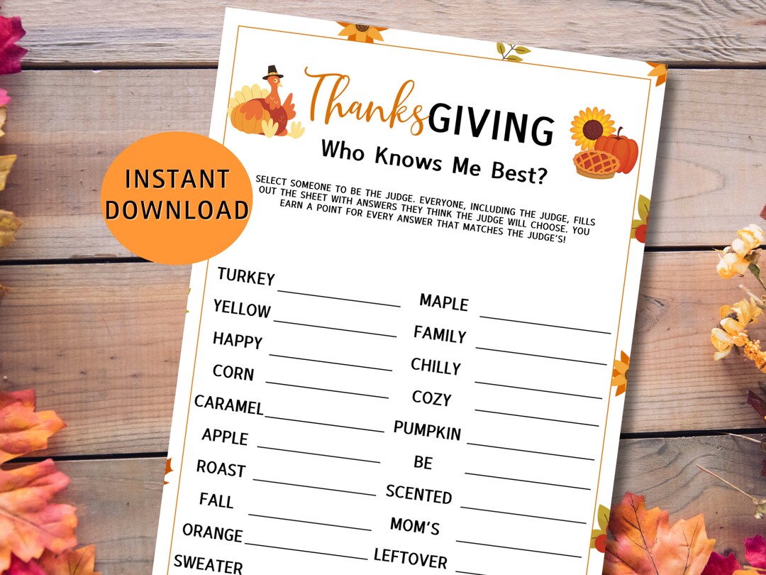 Thanksgiving Who Knows Me Best Game, Funny Family Thanksgiving Game ...