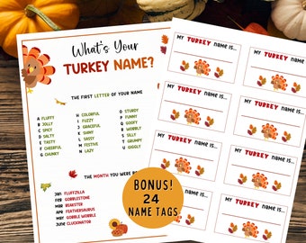 Thanksgiving Family Games what's Your Turkey Name - Etsy