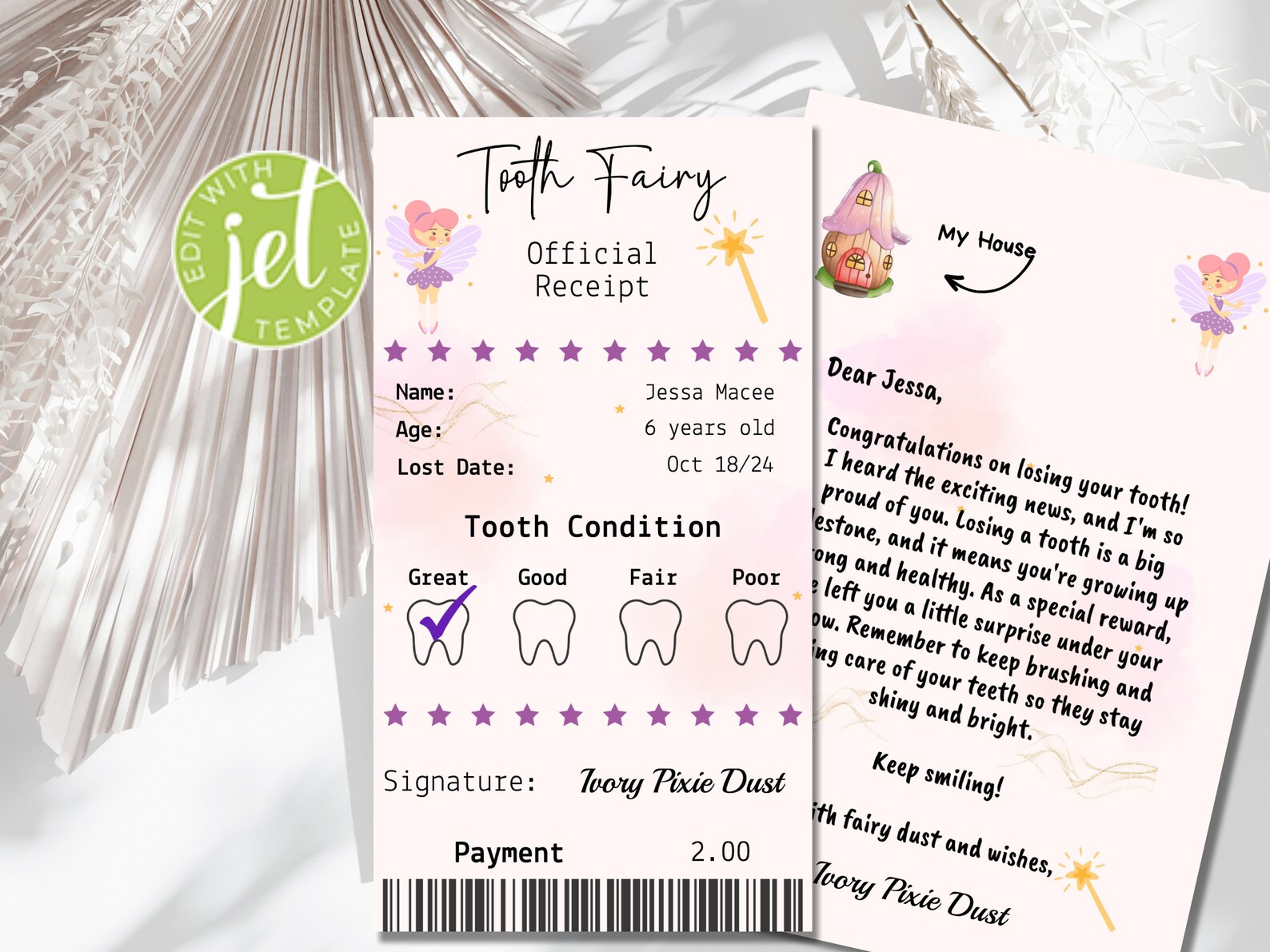 Custom Tooth Fairy Letter & Receipt, Printable Tooth Keepsake (digital ...