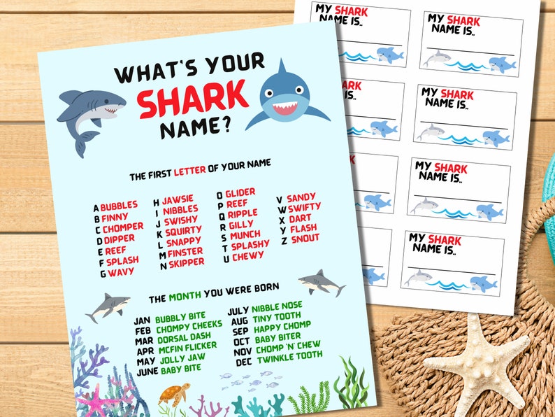 Shark Name Game, Summer Birthday Game, Summer Printable Games, Beach ...