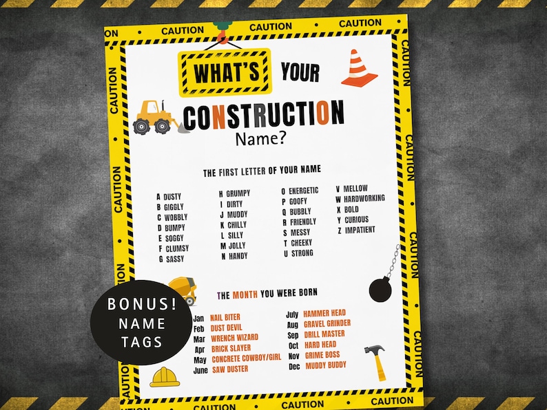 Construction Birthday Party Game With Printable Name Tags (digital PDF ...