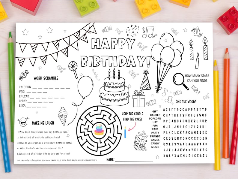 Birthday Coloring Activity Sheet, Kids Party Activity Page (PDF) - Etsy