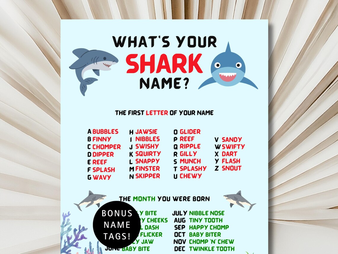 Shark Birthday Party Game: What's Your Shark Name (PDF Download) - Etsy