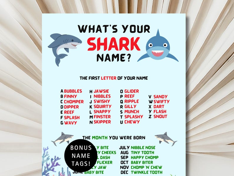Shark Birthday Party Game: What's Your Shark Name (PDF Download) - Etsy