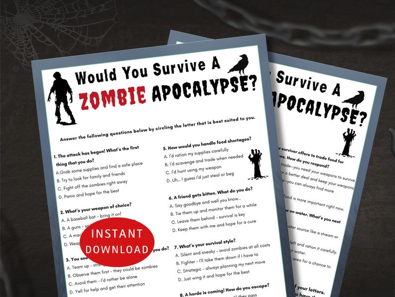 Zombie Apocalypse Survival Quiz: Printable Halloween Party Game (PDF ...