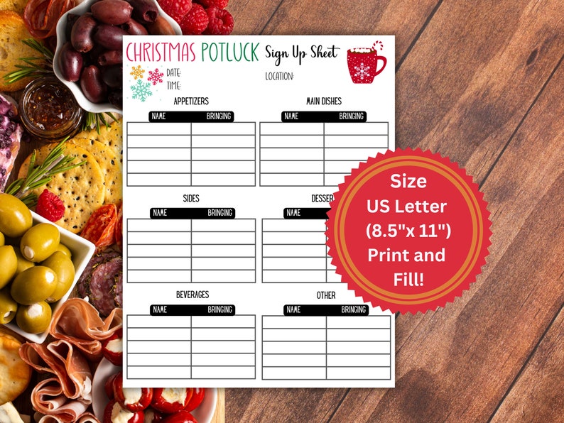 Christmas Potluck Sign up Sheet, Work Potluck Sign up Sheet, Holiday ...