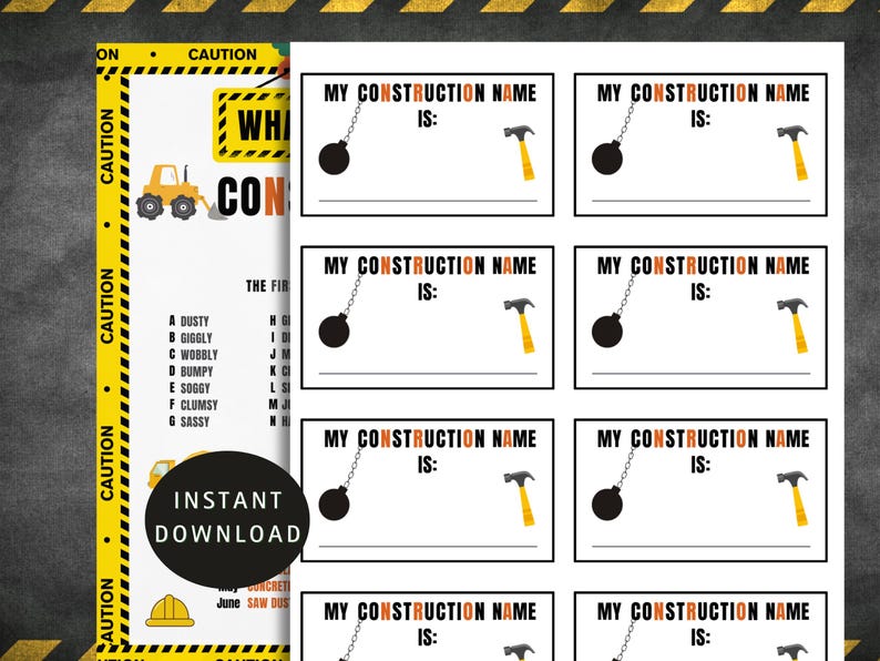 Construction Birthday Party Game With Printable Name Tags (digital PDF ...