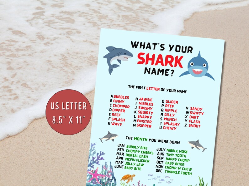 Summer Birthday Game, Shark Name Game, Summer Printable Games, Beach ...